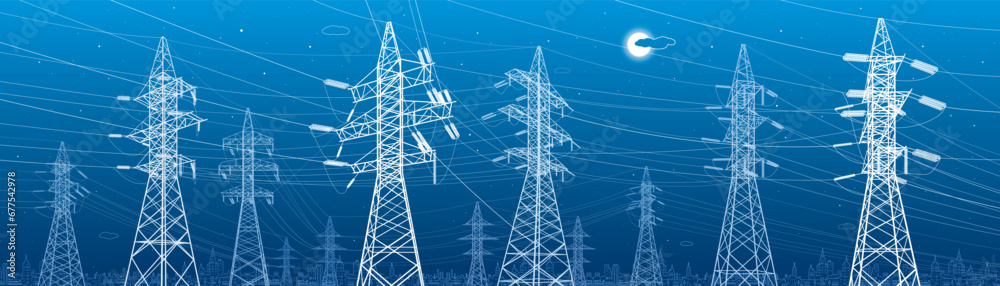 High voltage transmission systems. Electric pole. Power lines. A ...