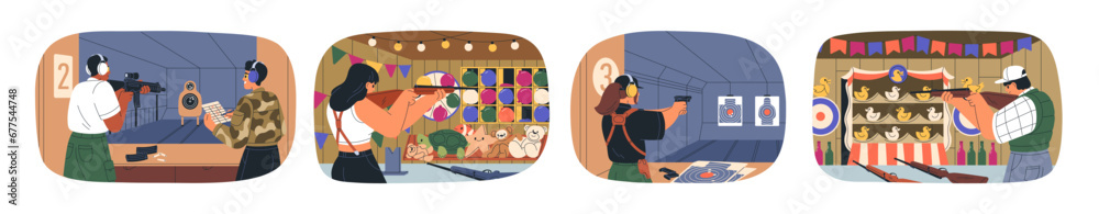 Shooting gallery, range set. Shooters firing with guns, pistols ...