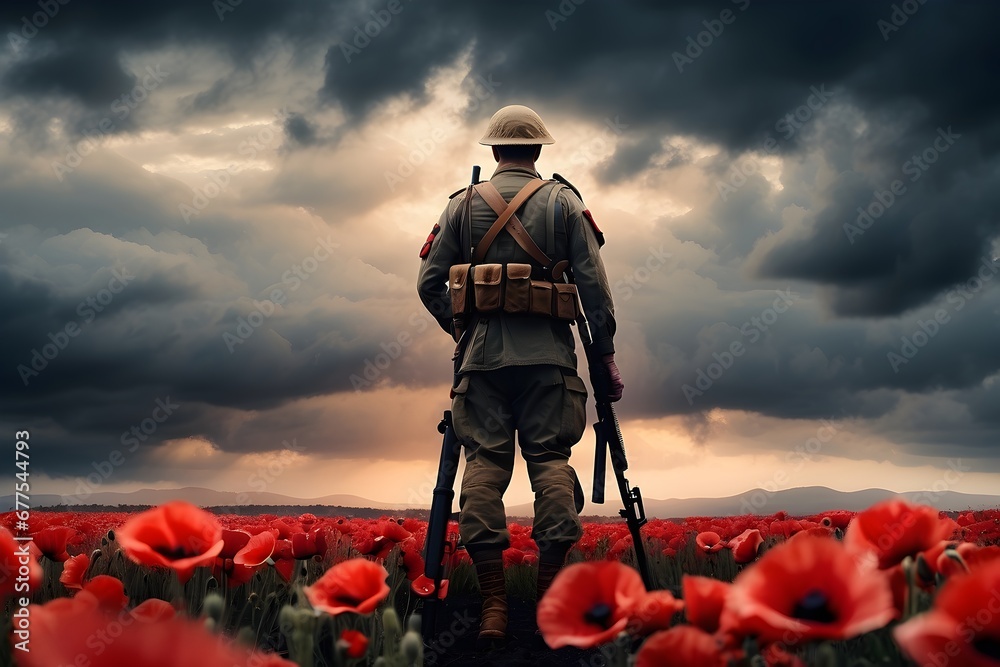 AI generated illustration of a soldier in the poppy field during golden ...