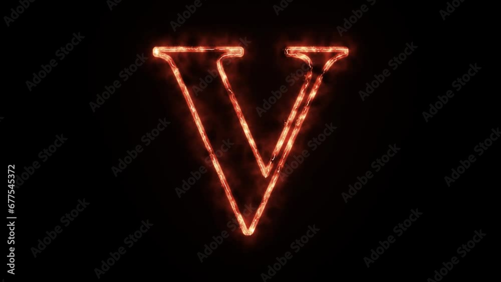 V Fire letter animation on a black background, V Fire letter. Burning ...