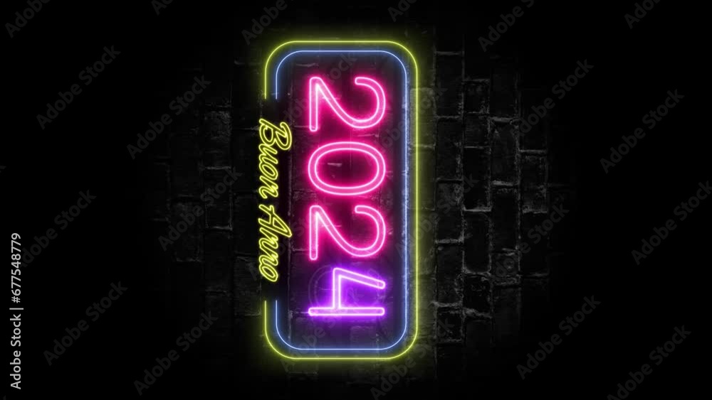 Buon anno 2024. Happy New Year 2024. Vertical neon frame with colourful ...