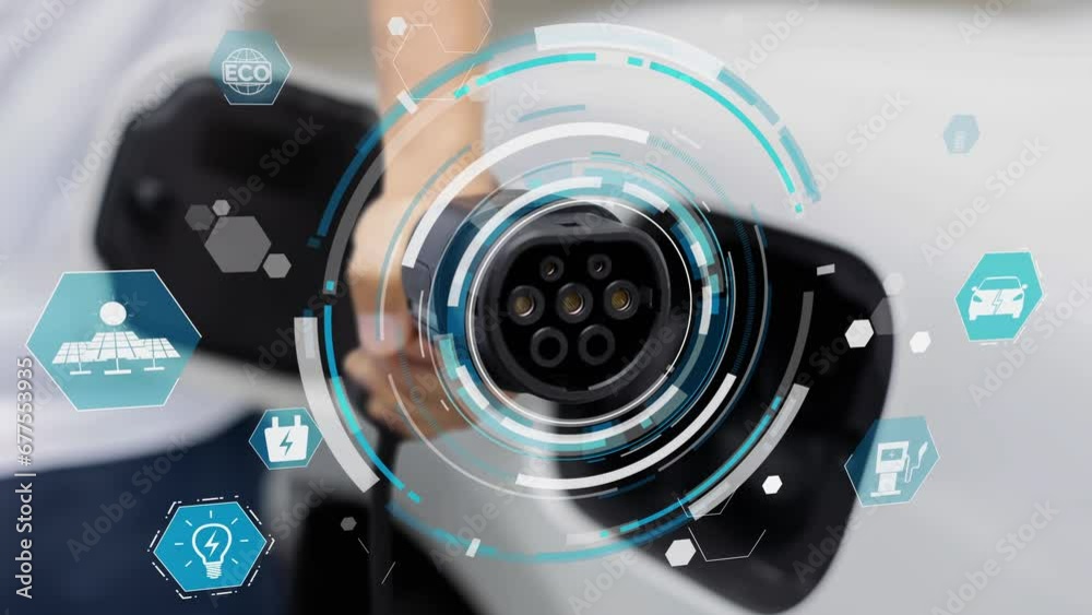 Focus EV charger pointing in front of camera display futuristic eco ...