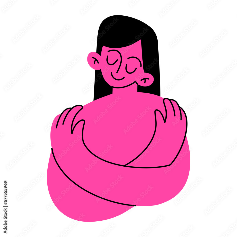 Self hug, self love and self care. Woman hugging herself. Vector pink ...