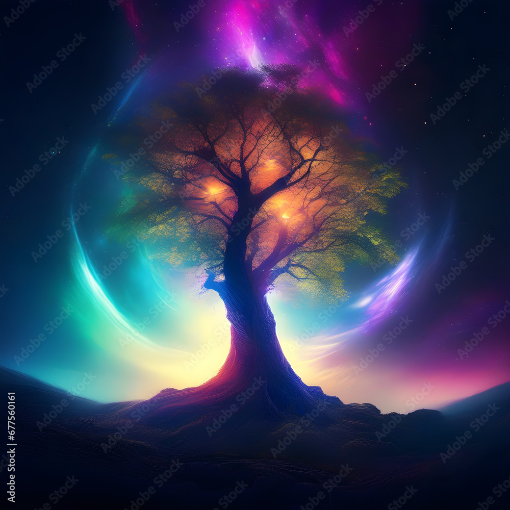The birth of creation as a leafy tree in an epic galactic sky ...