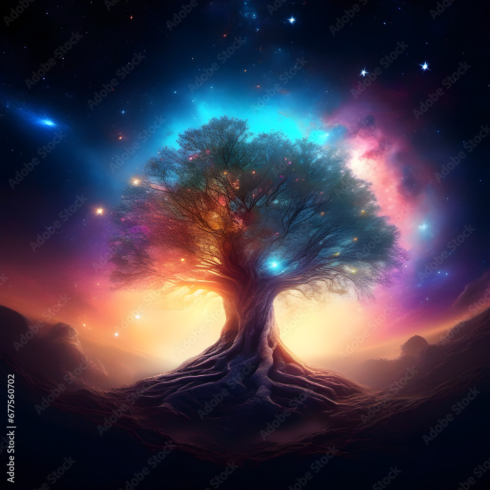 The birth of creation as a leafy tree in an epic galactic sky ...