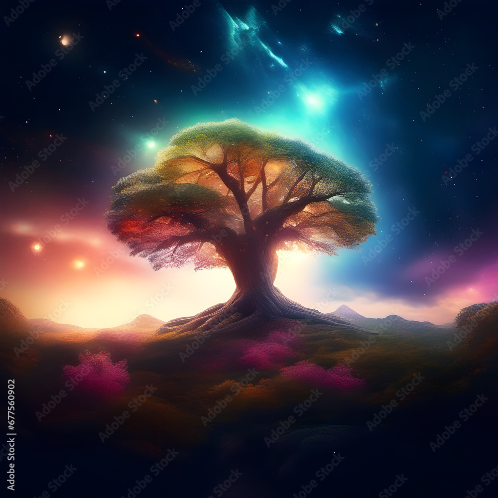 The birth of creation as a leafy tree in an epic galactic sky ...