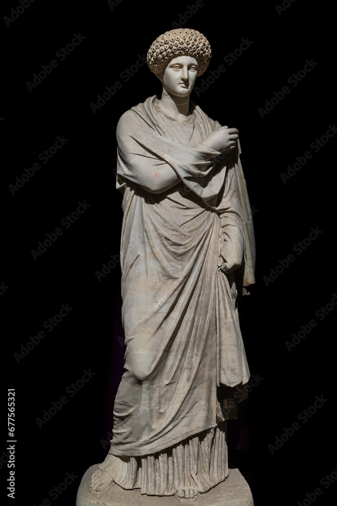 Marble statue of Roman aristocratic woman in stola with stylish curved ...