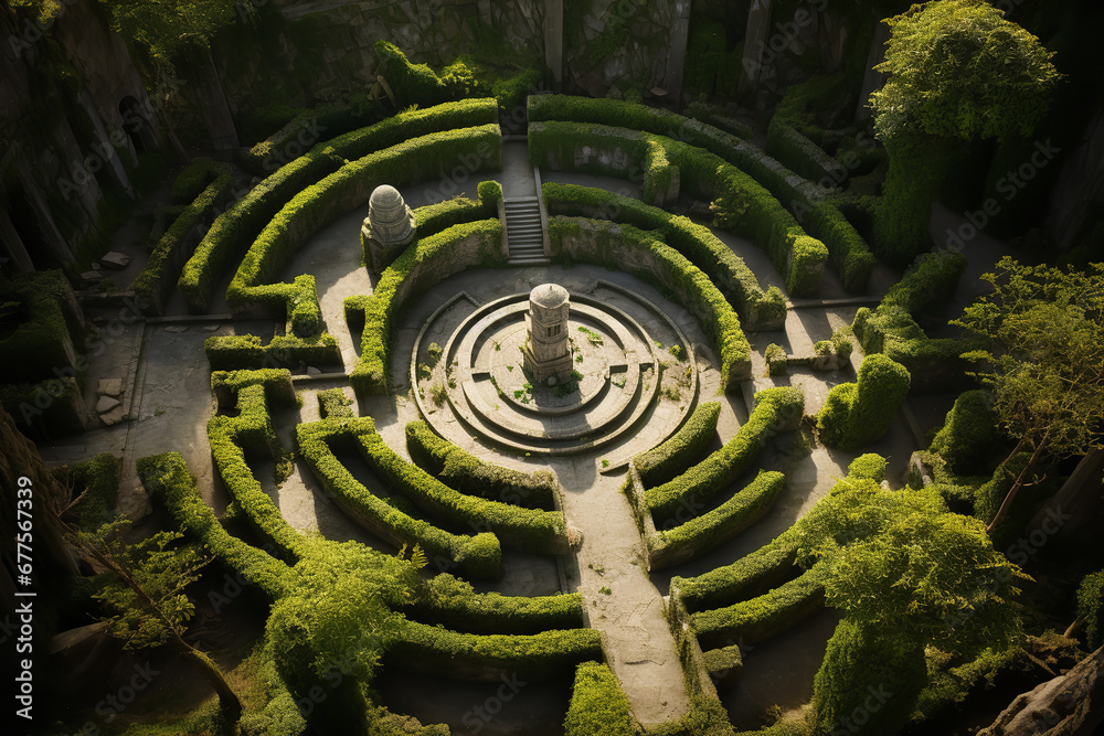 An aerial view captures a labyrinth walkway made of stones and gravel ...