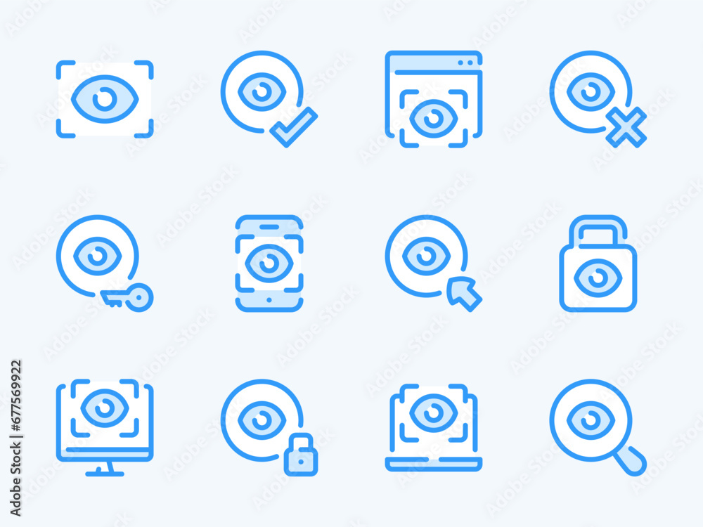 Eye Scanning and Retina recognition vector line icons. Authentication and Identification outline ...