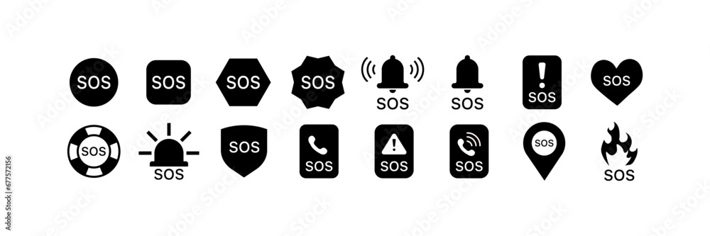SOS icons. Silhouette, SOS signs of various shapes, a set of SOS ...