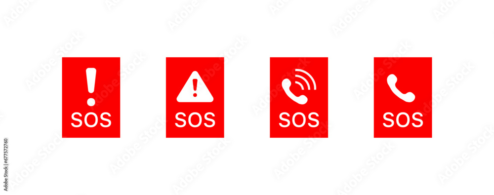 SOS signs. Flat, red, SOS icons with exclamation mark, warning ...