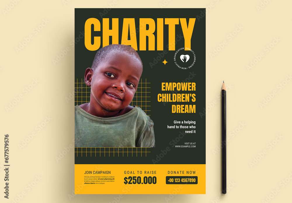 Charity Flyer Layout with Yellow Accents Stock Template | Adobe Stock