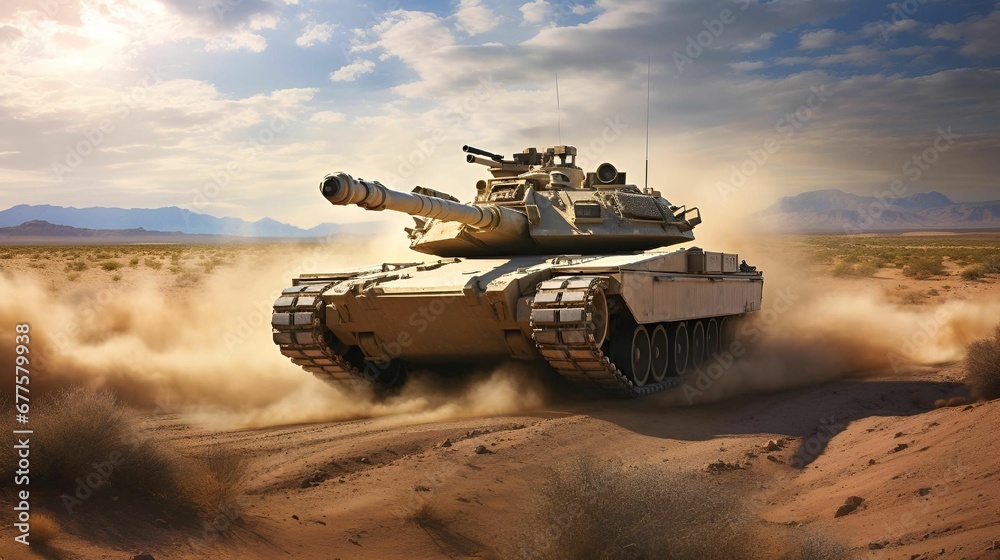 AI illustration of a modern military tank driving across a vast sandy ...