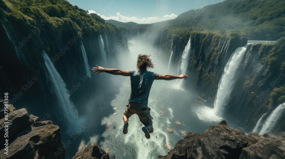 Jumping man, Man jumping from cliff into water at waterfall. Stock Photo | Adobe Stock