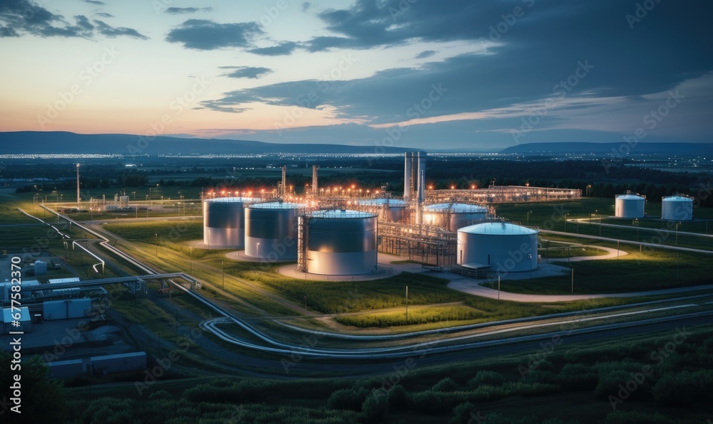 Modern industrial plant. Big oil tanks in refinery base. Storage of ...