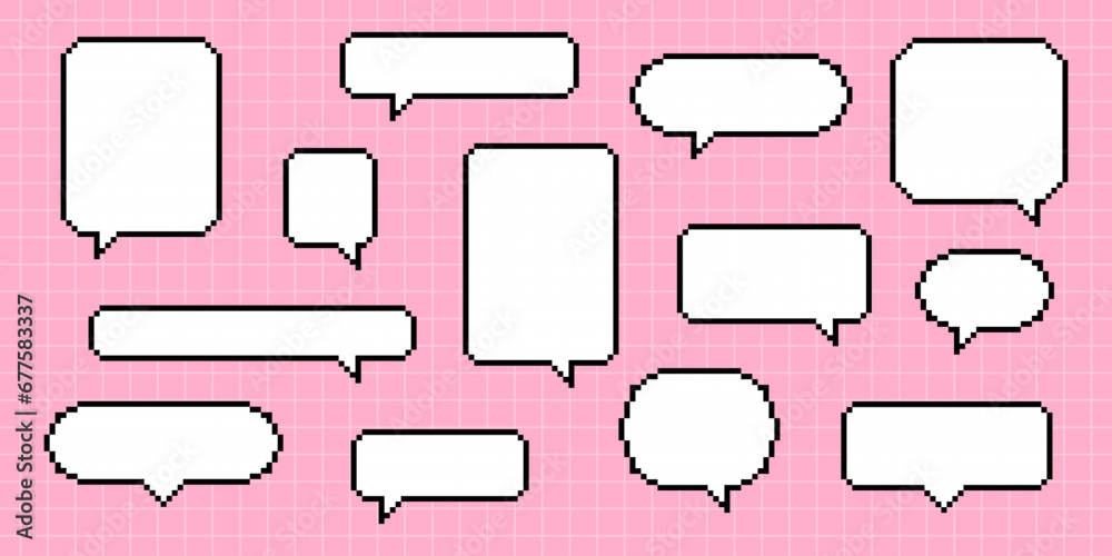Clipart set of pixel elements in 8-bit style on a bright pink checkered ...