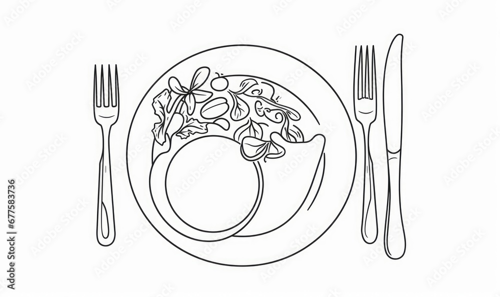 Continuous one line plate. Hand drawing art dinner theme with linear ...