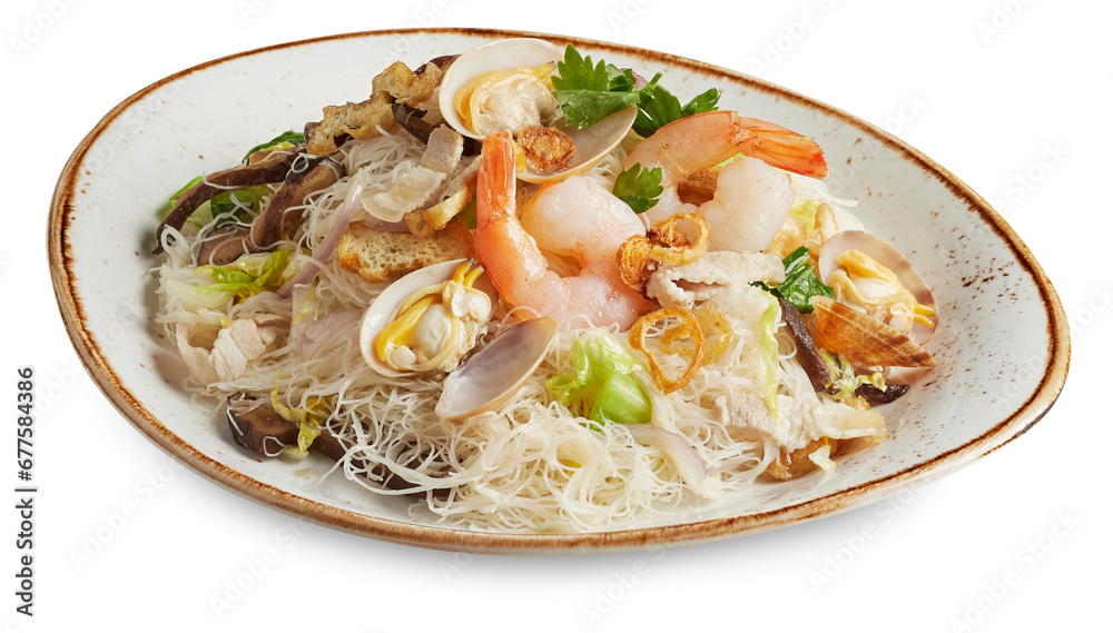 traditional chinese wok stir fried bee hoon noodle mee goreng with clam ...