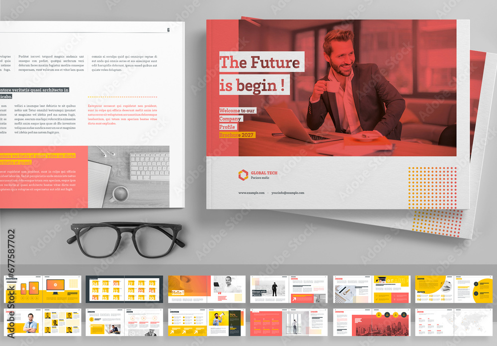 Company Profile Landscape Layout with Pink and Yellow Accents Stock ...