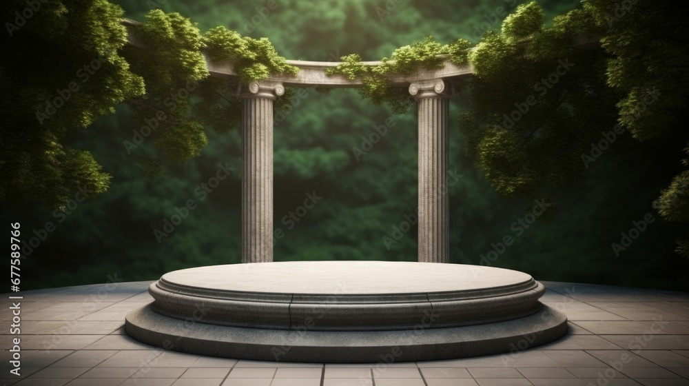 Round stone platform with Corinthian pillars and natural trees with ...