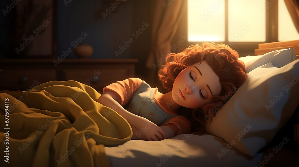 Female animated character sleeping on a bed Stock Illustration | Adobe ...