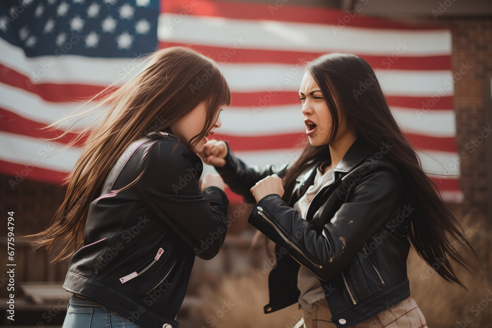 Two high school girls fight in college yard with an American flag in the background. Teenage ...