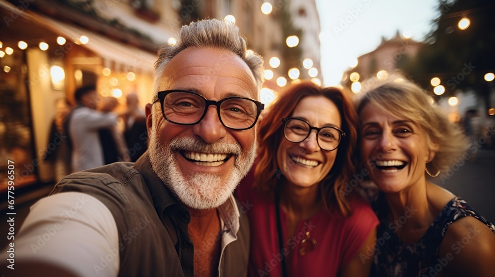 Grupo de amigos cincuentones tomándose un selfie en la calle. Disfrutar ...