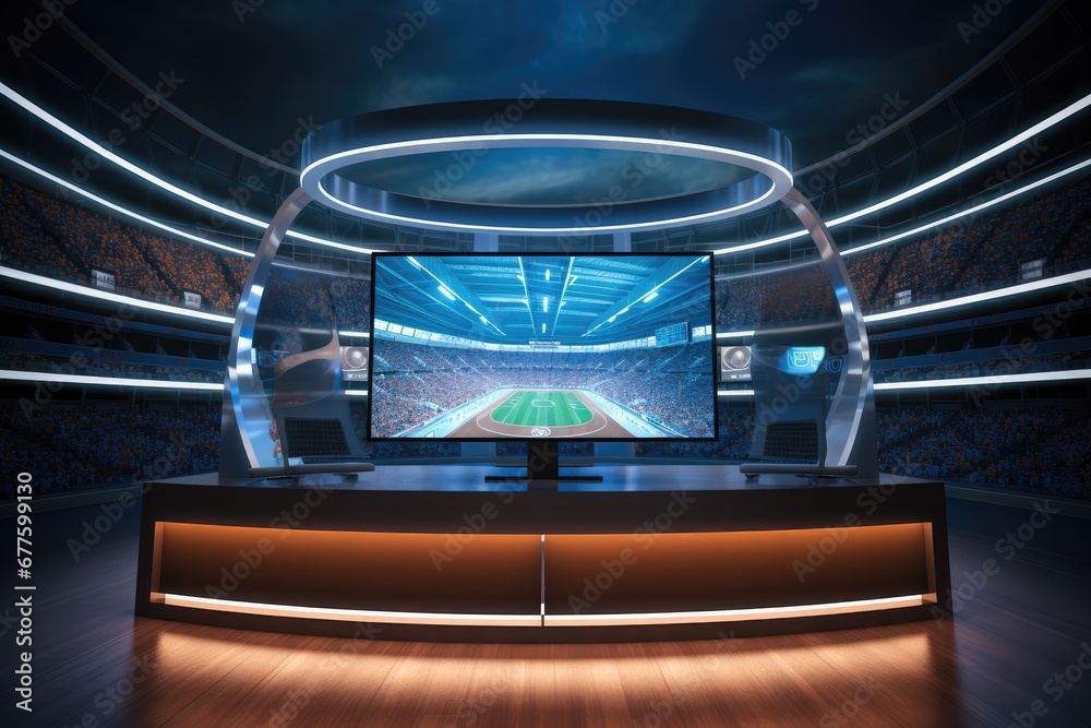 Sports TV set scene with giant screen, Desk, Design. Stock Illustration ...