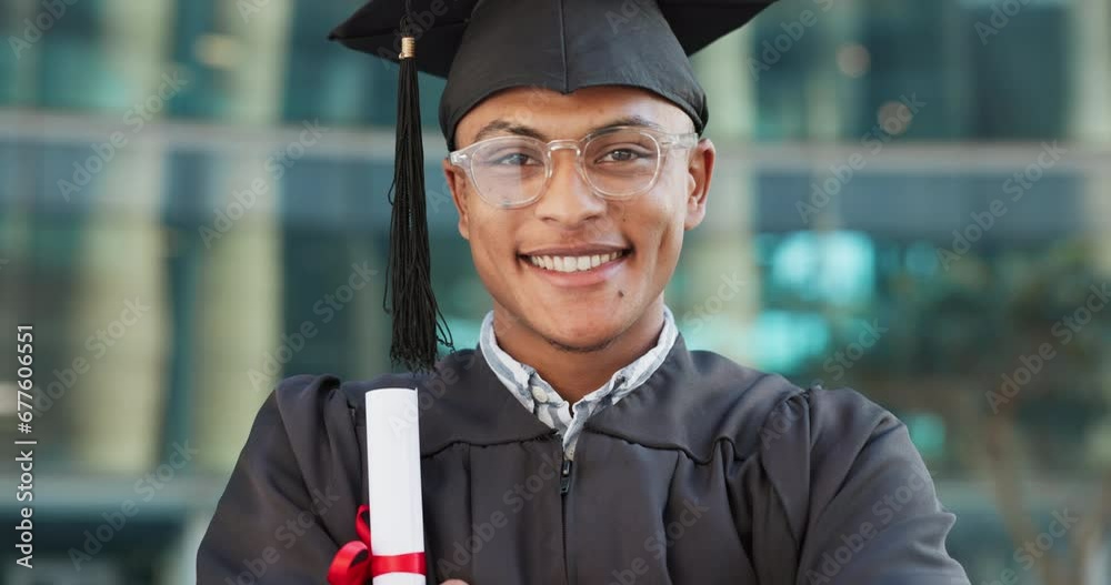 Face, man or smile by graduation with arms crossed, pride or student ...