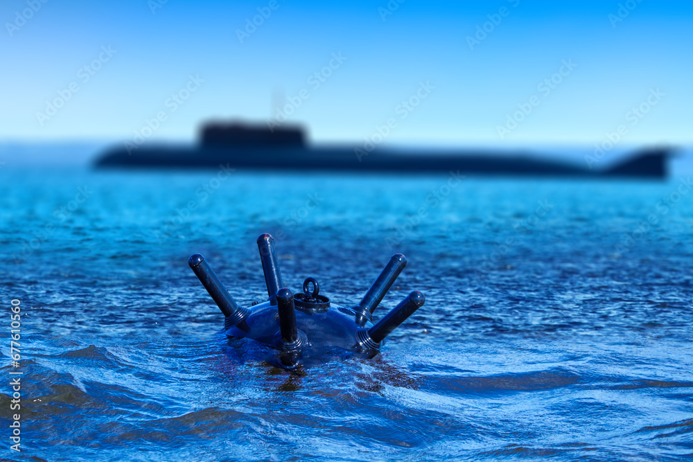 Sea mine floats in water. Anti-ship bomb to destroy sea vessel ...