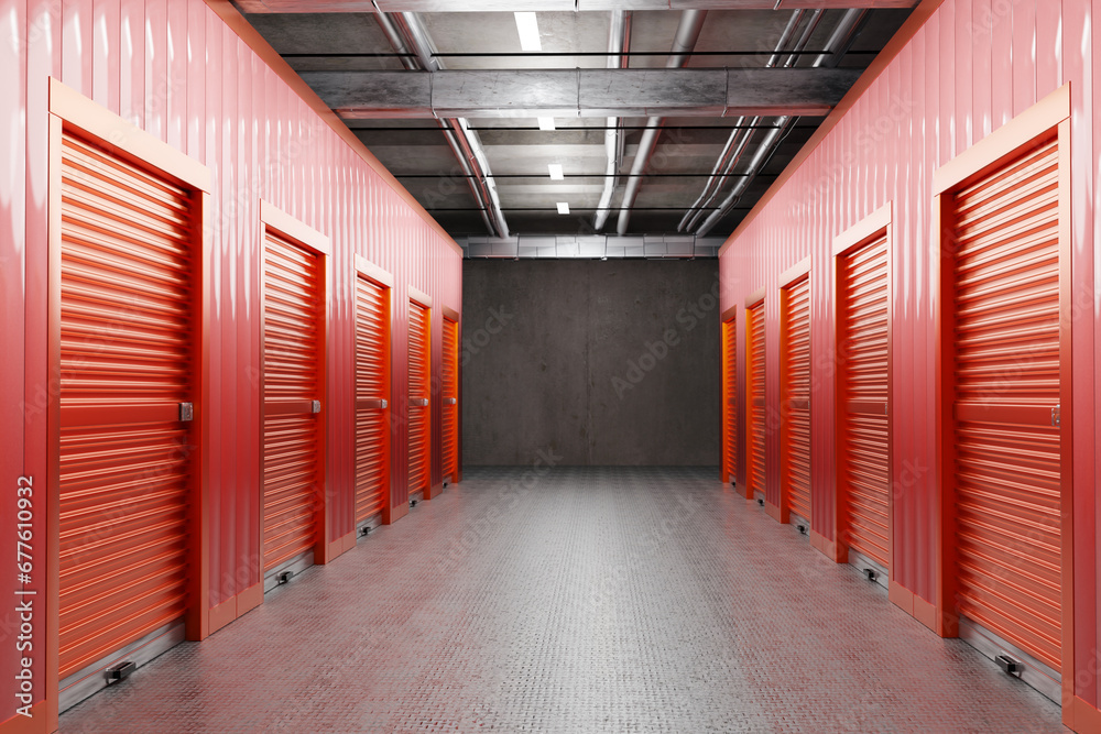 Corridor with storage rooms. Warehouse with closed doors. Storage rooms ...