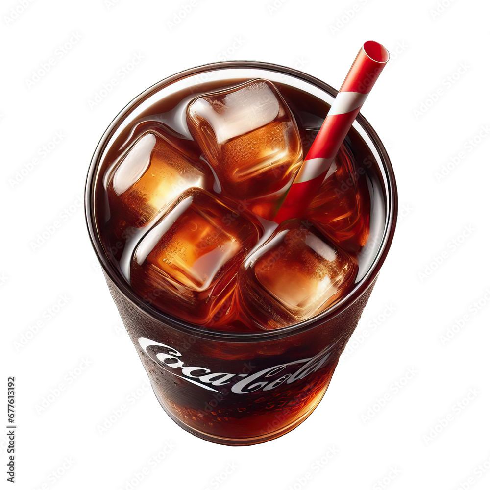 Soda with straw, closeup, of cola being poured. ice, glass. Soda being poured into glass with ...