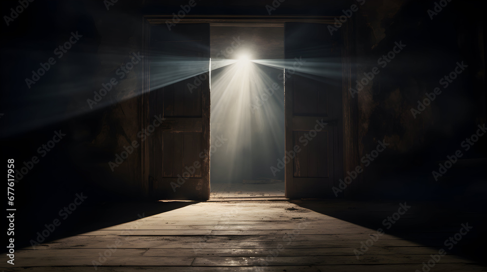 Light entering through open door to a dark empty room, rustic wooden ...