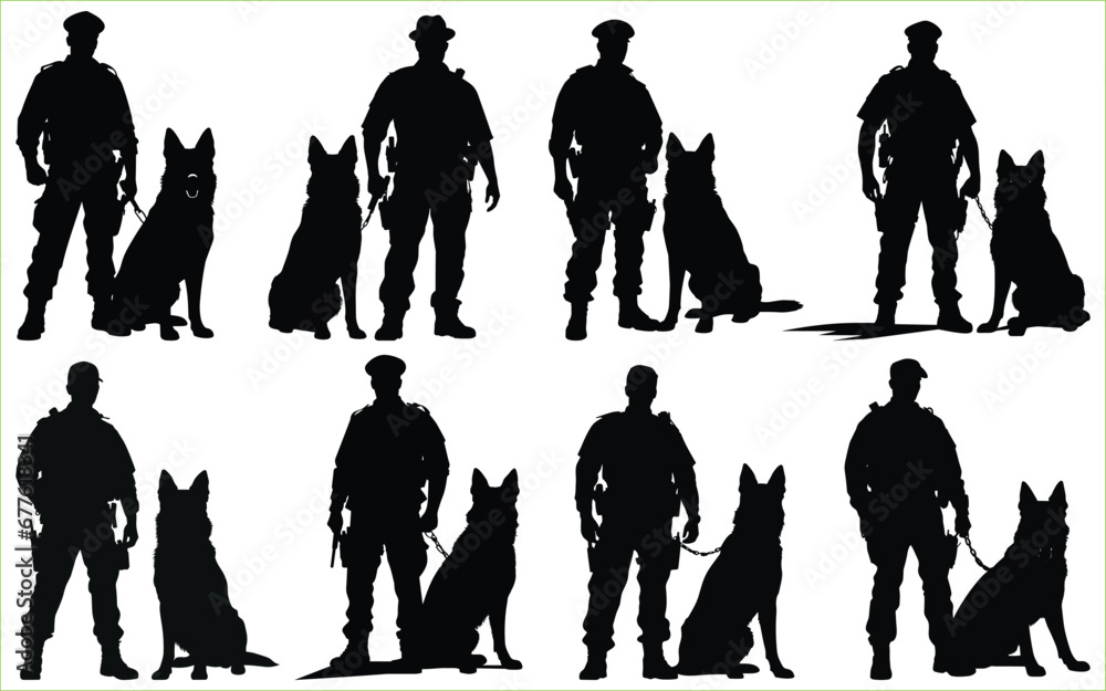 Police and dog Silhouettes, black silhouettes, Vector illustration ...