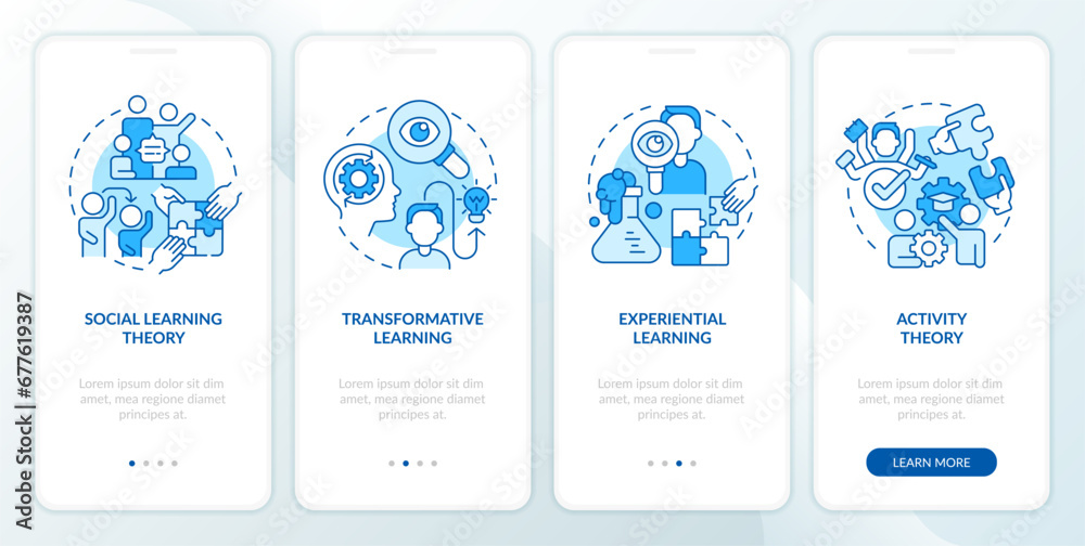 2D icons representing learning theories mobile app screen set ...