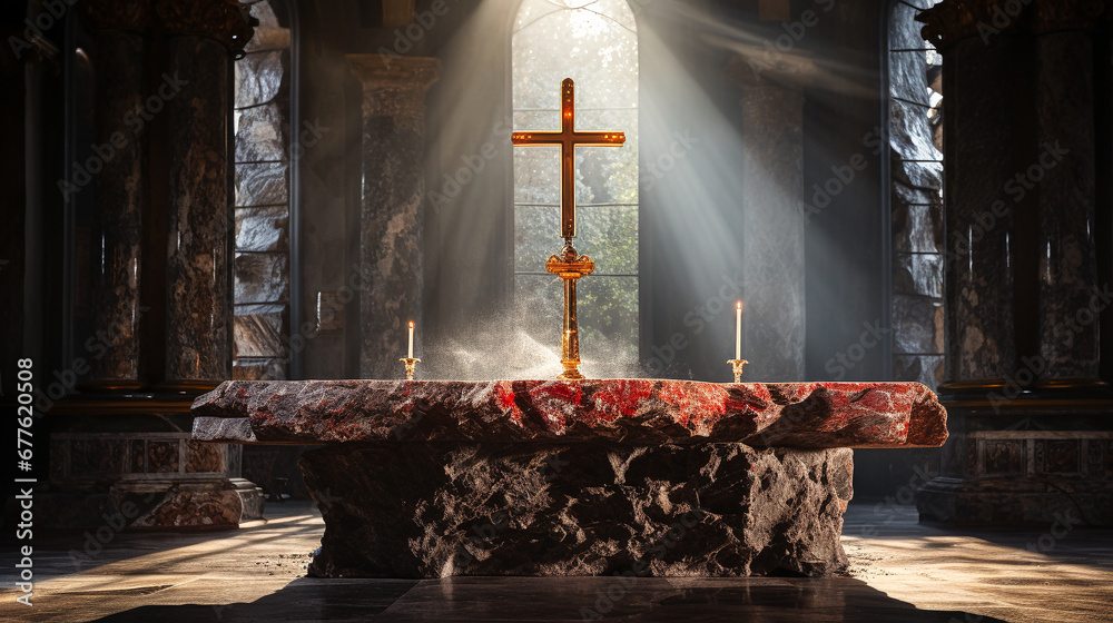 An altar with a cross brightly illuminated by the sun and the Holy ...