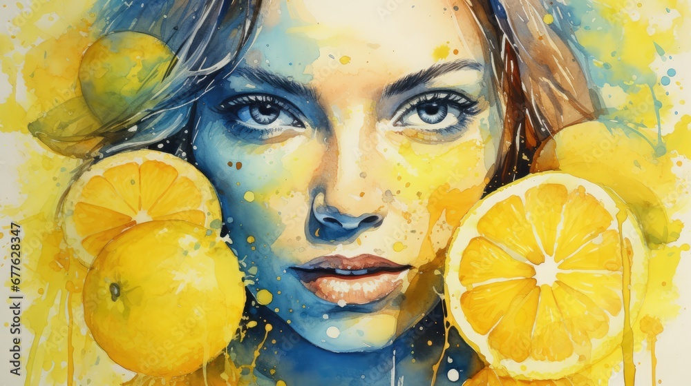 a painting of a woman with lemons in front of her face and a splash of ...
