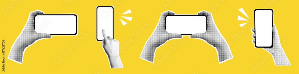 Vector halftone hands hold phones. Illustration with hands holding ...