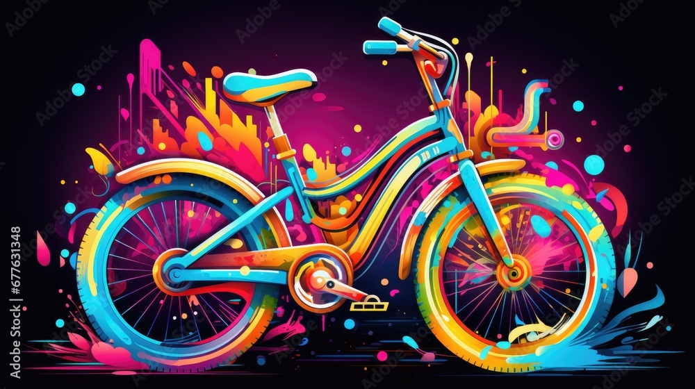 a painting of a bike with colorful paint splatters on the side of the ...