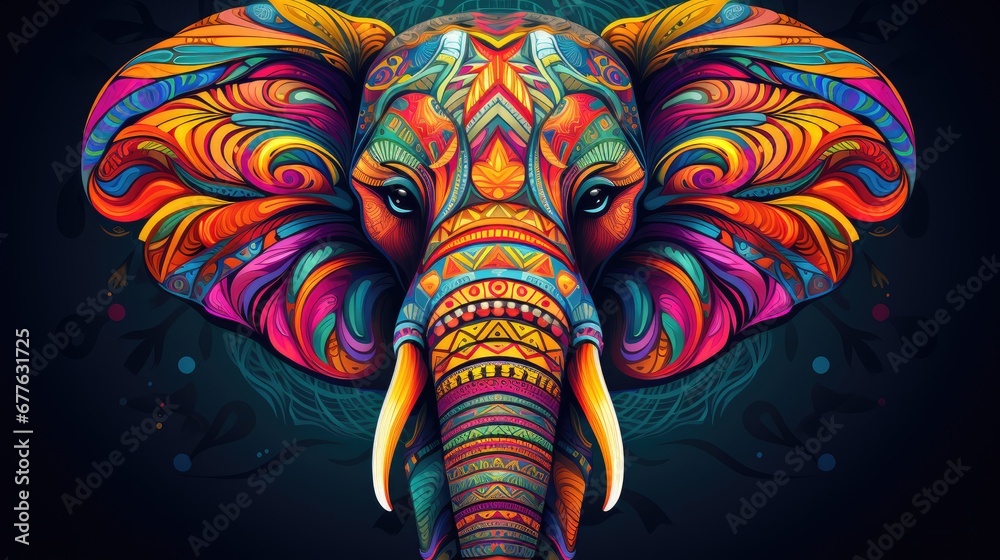 an elephant with a colorful pattern on it's face and tusks on its tusks ...
