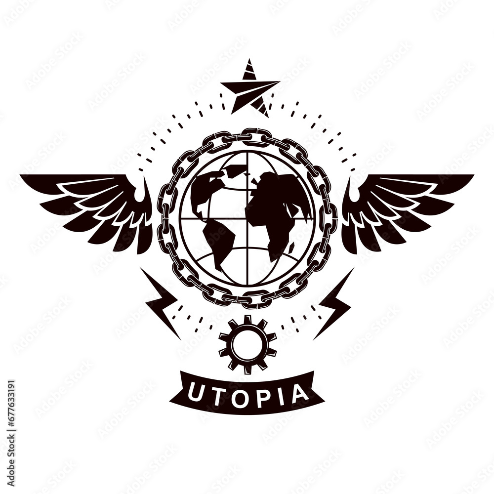 Vector emblem composed using Earth globe surrounded with industrial ...