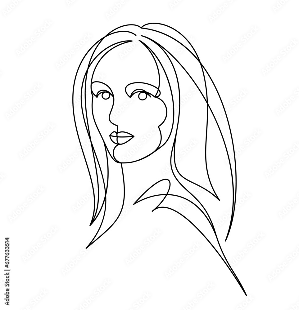 Beautiful face of attractive woman vector linear drawing, sensitive ...