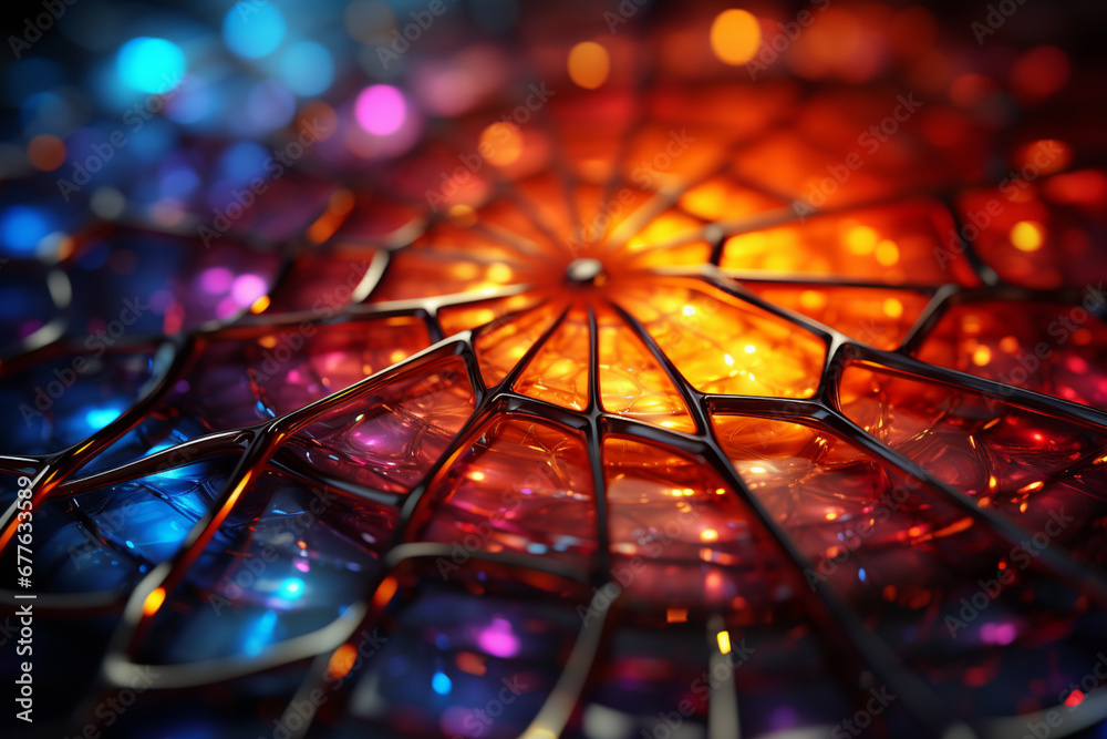 A spider web captured at a precise angle, revealing a spectrum of ...
