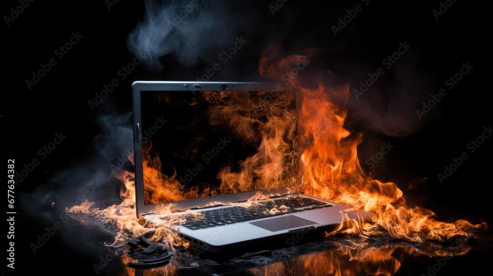 Burning laptop and keyboard, equipment fire due to faulty battery and ...