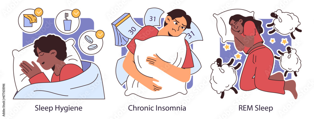 Insomnia set. Diverse characters suffering from sleep deprivation ...