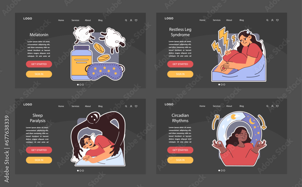 Insomnia dark or night mode web, landing set. Diverse characters ...