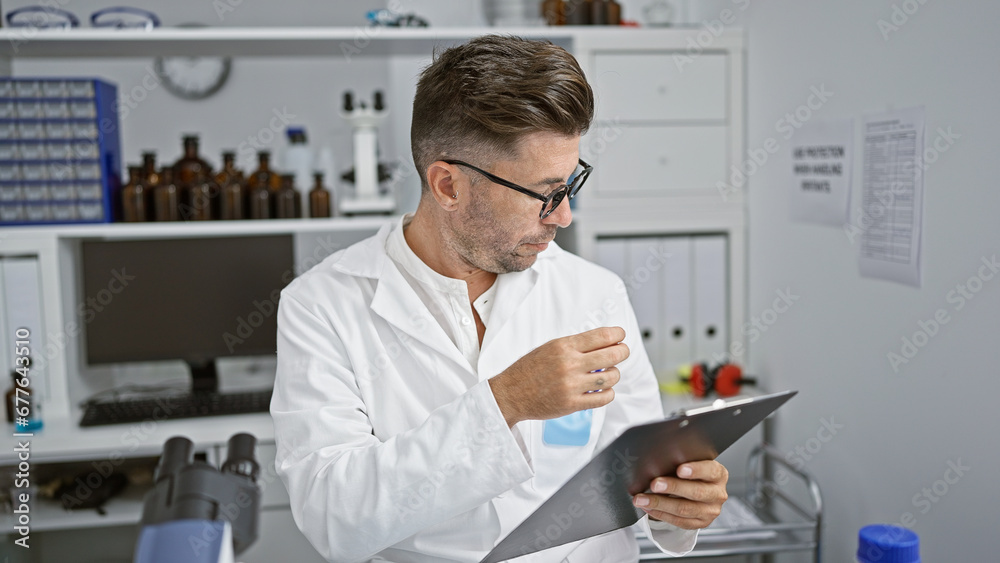 Handsome young hispanic man, charismatic scientist engrossed working ...