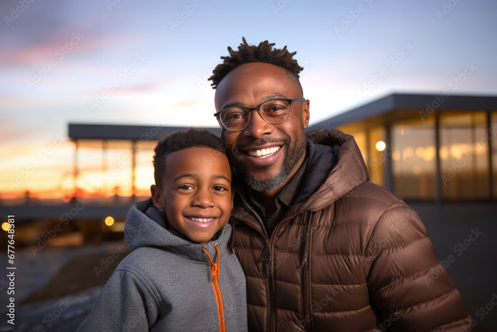 Portrait of black father and son hugging in front of their house. Stock ...