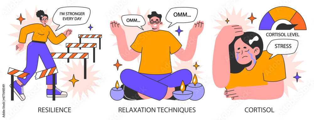 Stress management set. Diverse office characters work burnout. Employee ...