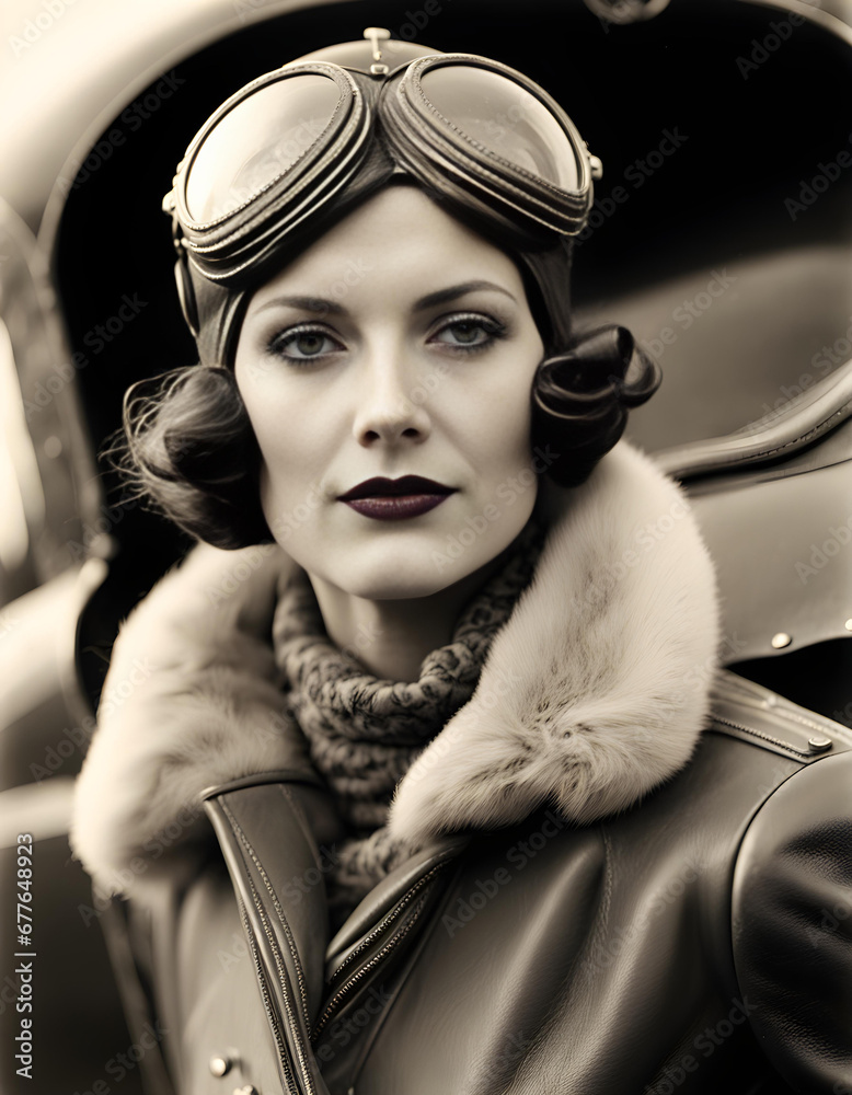 vintage sepia style portrait of a glamorous 1930s female aircraft pilot ...